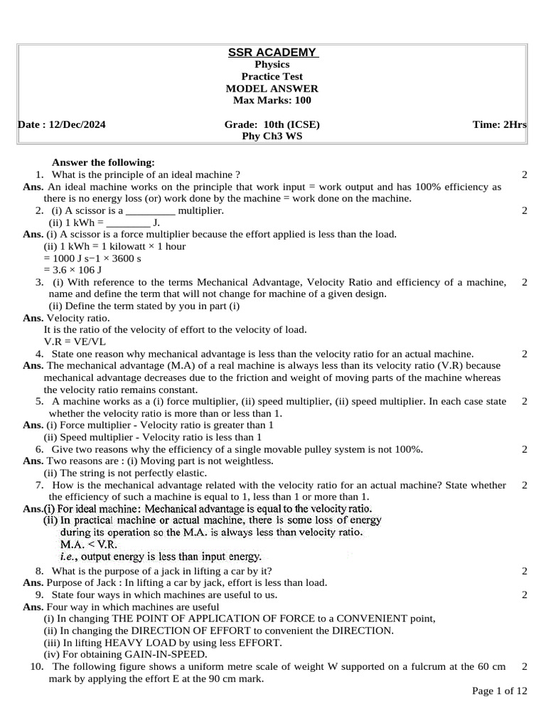 Phy Ch3 WS - Copy | PDF | Lever | Mechanical Engineering