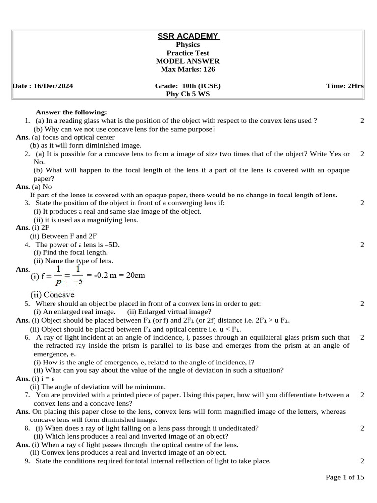 Phy Ch 5 WS | PDF | Aperture | Camera