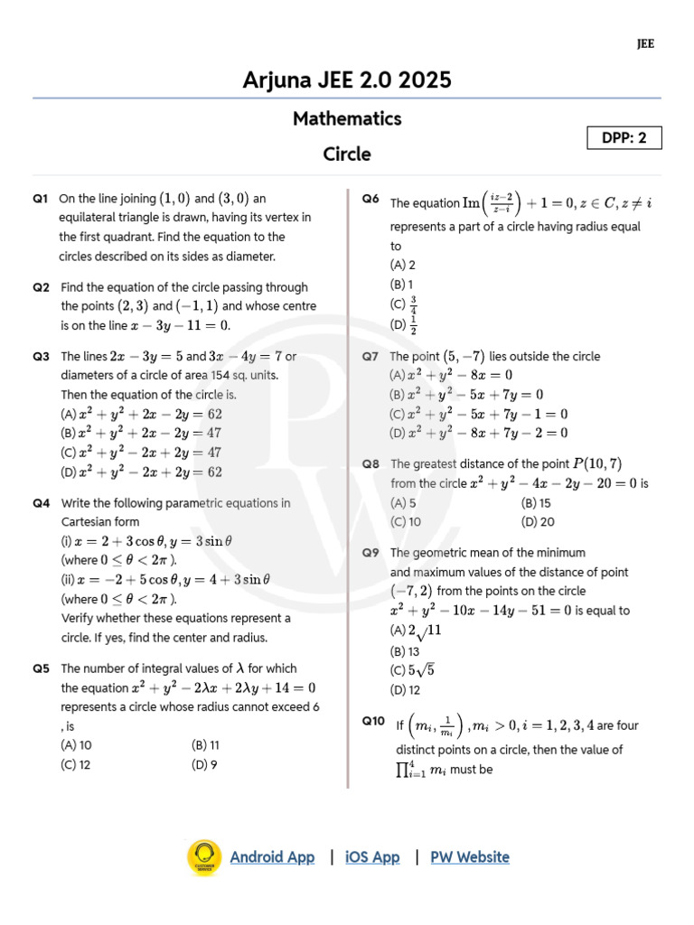 Circles DPP 02 (Of Lec 04) Arjuna JEE 2.0 2025 | PDF | Circle | Euclid