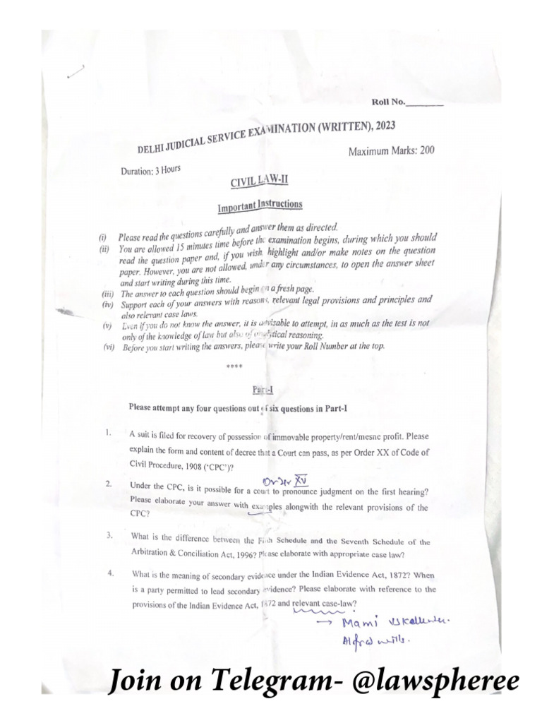 DJS Mains 2023 - Civil Law II Paper | PDF