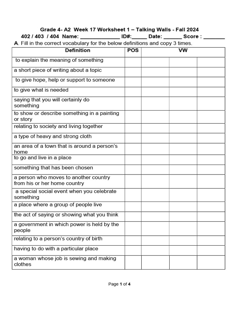 G4A2 WK17 Worksheet 1 TalkingWalls Fall2024 | PDF | Linguistics | Languages