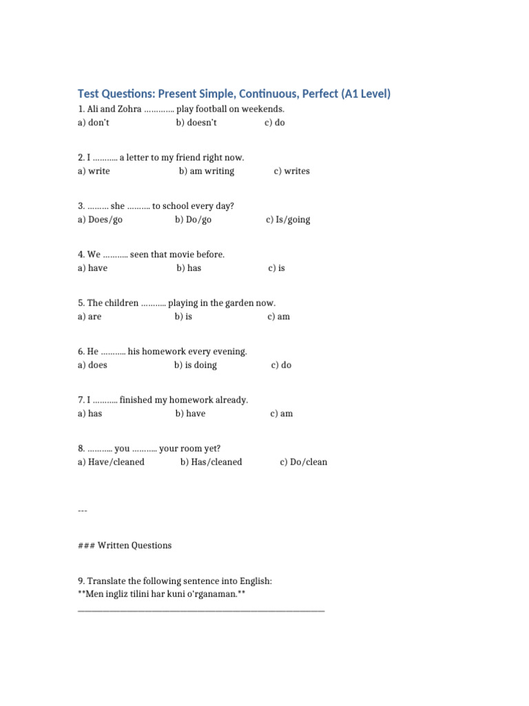 Test Questions A1 Level | PDF