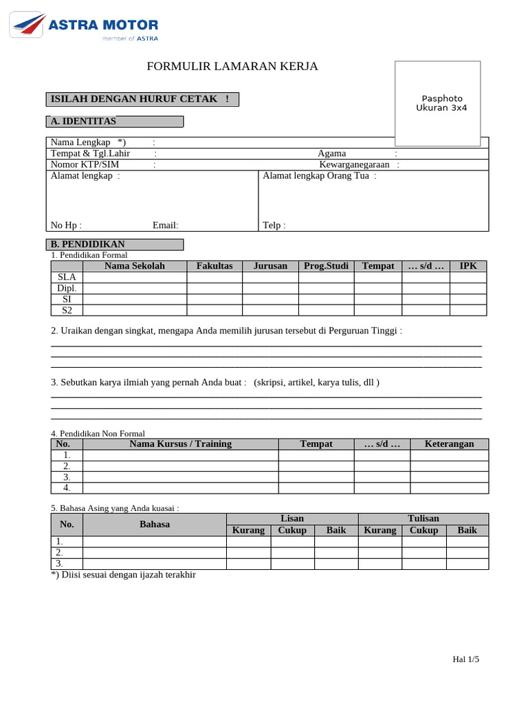 Formulir Lamaran Kerja Flk Pdf