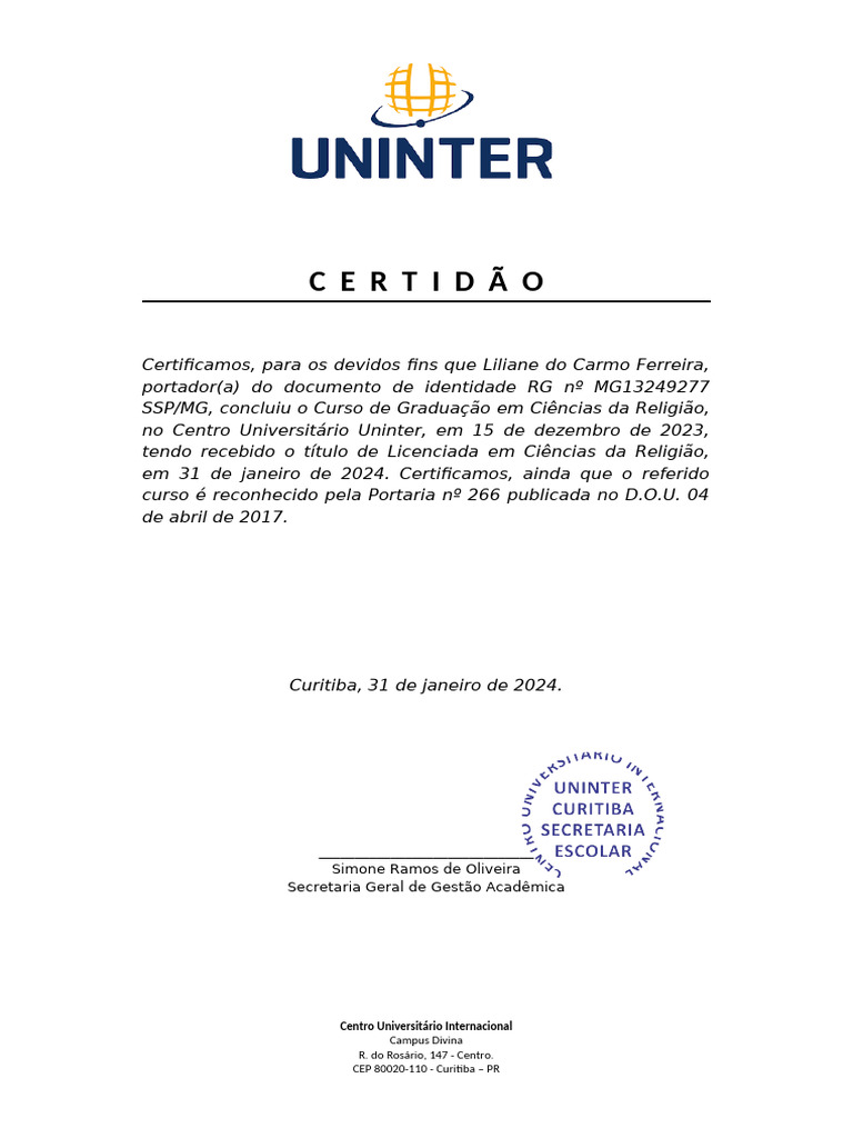 CERTIDÃO DE CONCLUSÃO DE CURSO CENTRO UNIVERSITÁRIO UNINTER Ciências da Religião | PDF