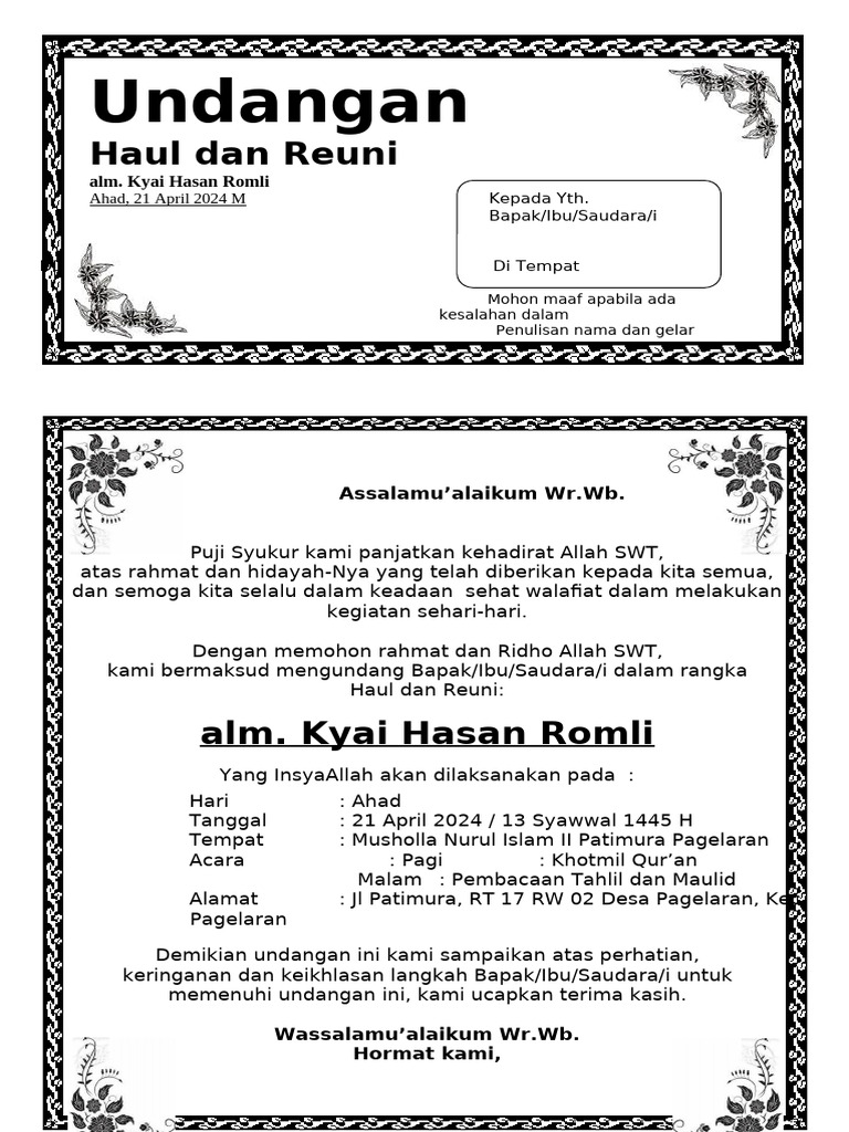 Undangan Haul dan Reuni Kyai Hasan Romli | PDF