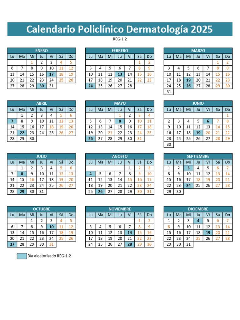 Calendario Poli Dermatología 2025 | PDF