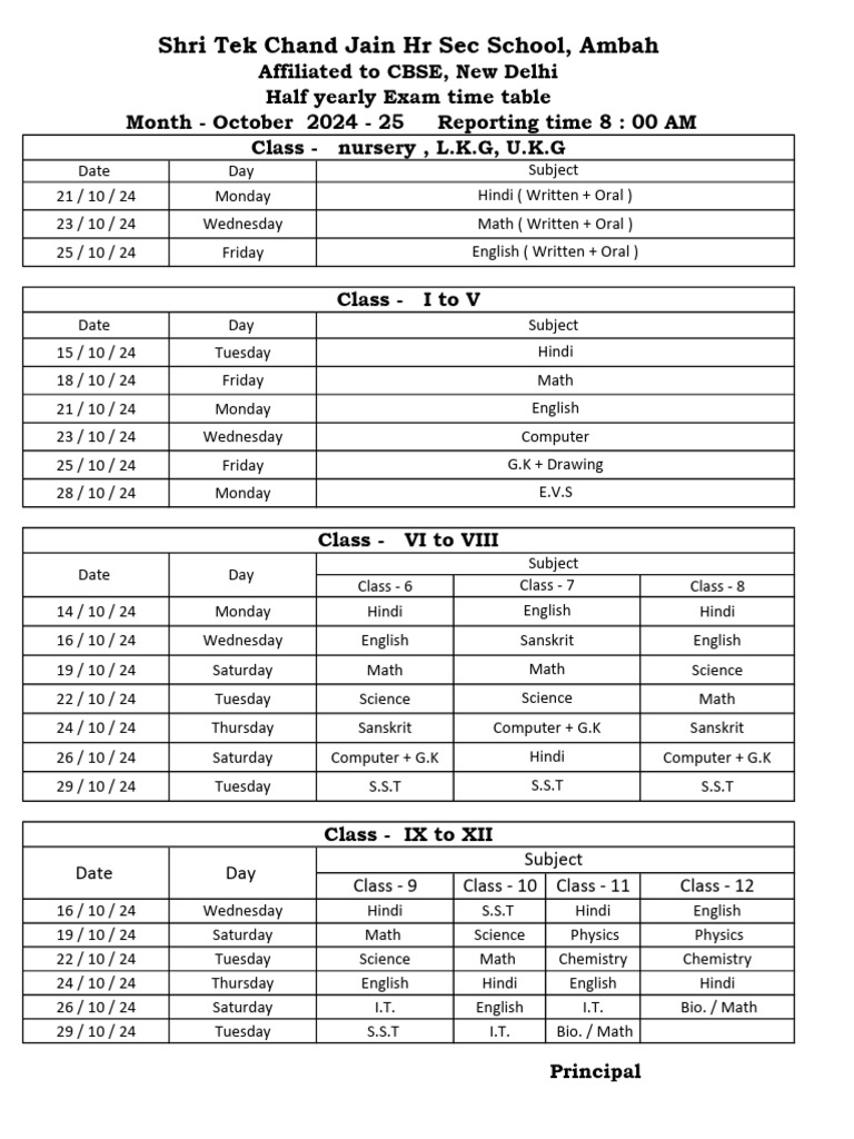 Half yearly exam time table - 2024 | PDF