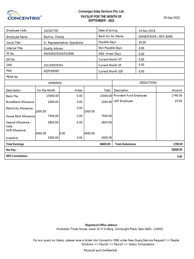 Concentrix - Payslip For The Month of September | PDF | Expense | Taxes