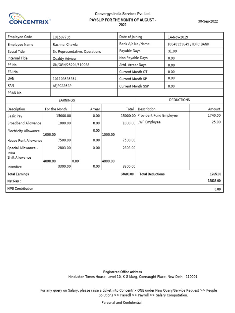 Concentrix - Payslip For The Month of August | PDF | Income | Taxes