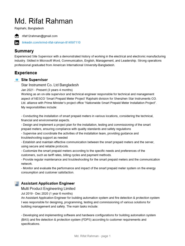 Resume Md. Rifat Rahman | PDF | Building Automation | Computing