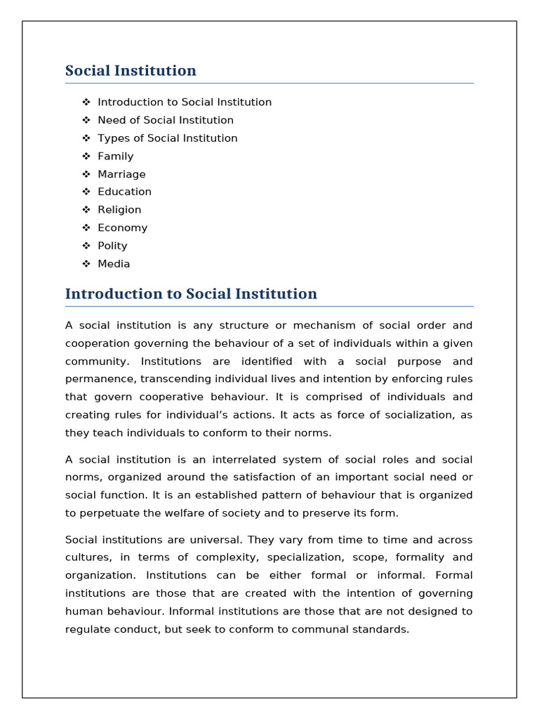 Overview of Social Institutions | PDF | Institution | Society