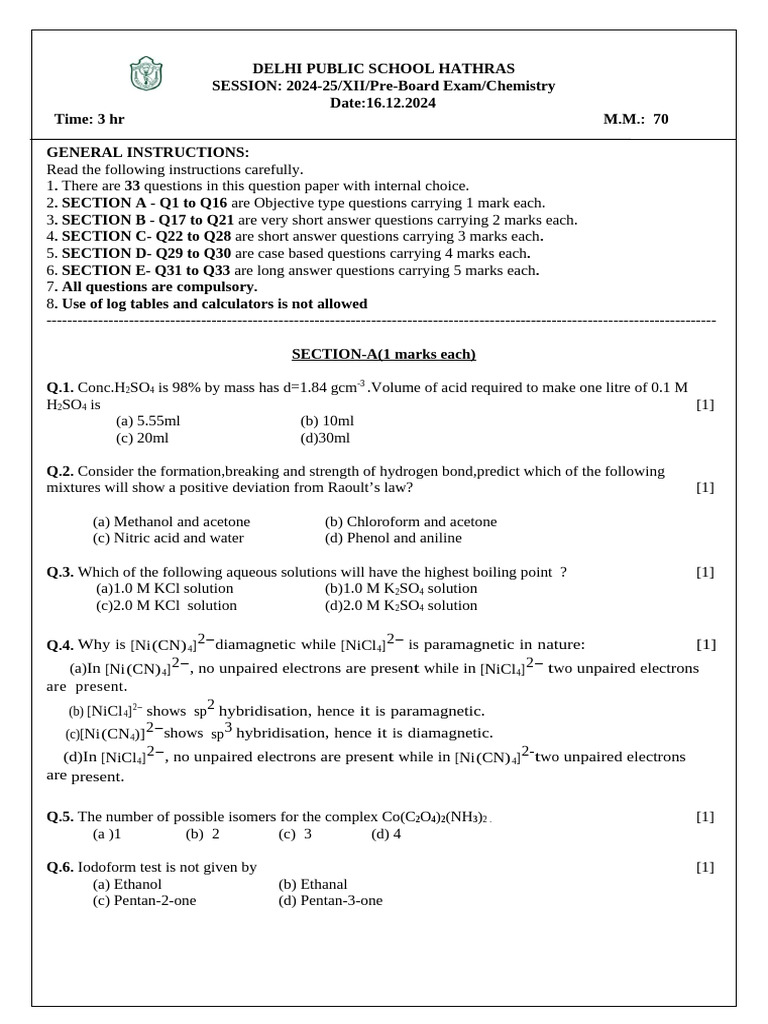Class-12 Chemistry Pre Board Exam 24-25 | PDF | Actinide | Electron ...