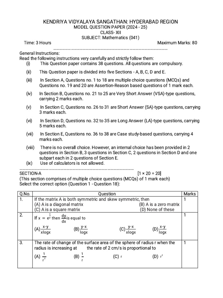 XII MATH MQP 1 | PDF | Function (Mathematics) | Matrix (Mathematics)