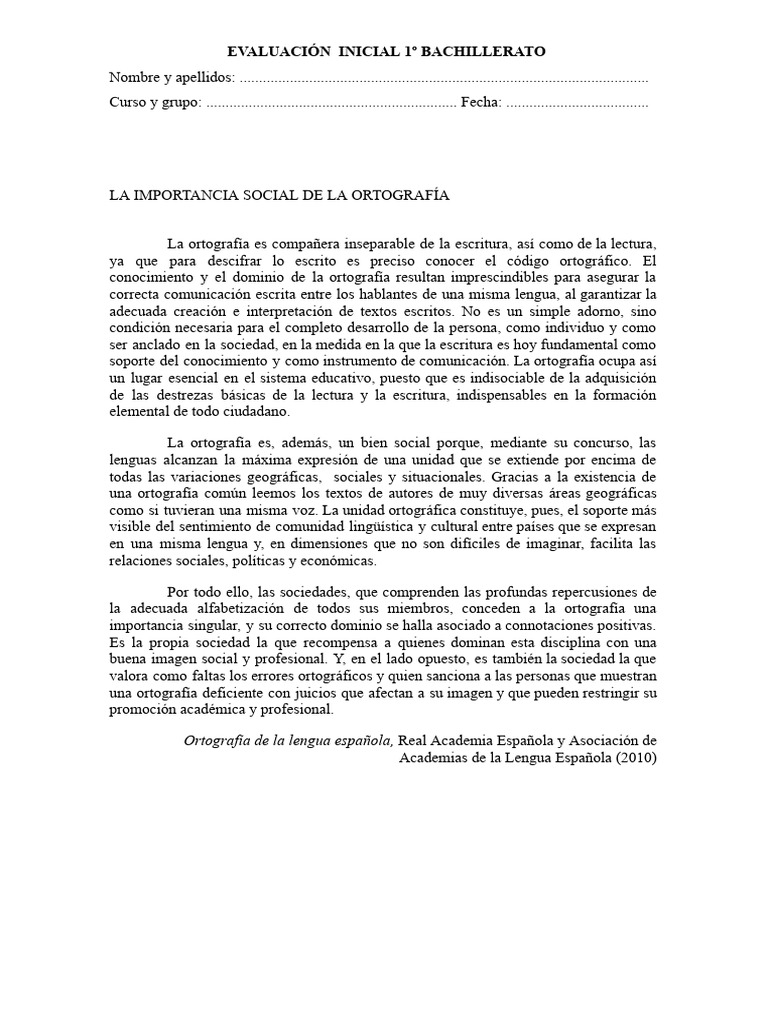 Prueba Inicial 1º Bachillerato | PDF | Escritura | Ortografía
