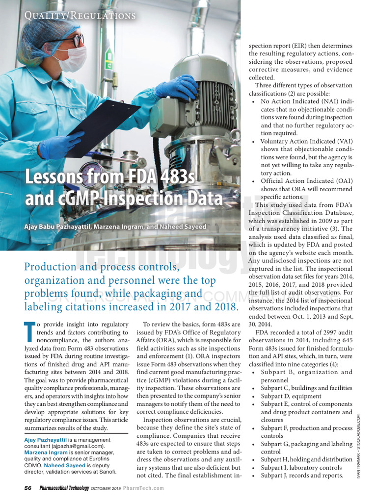 Lessons From FDA 483s and CGMP Inspection Data | PDF Lessons From FDA 483s and CGMP Inspection Data | PDF