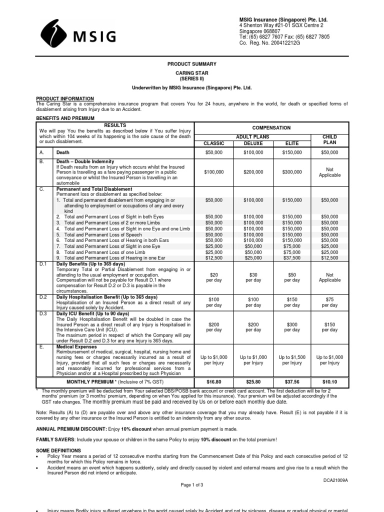 DCA21009A Caring Star - Series II Summary (131210) | PDF | Insurance ...