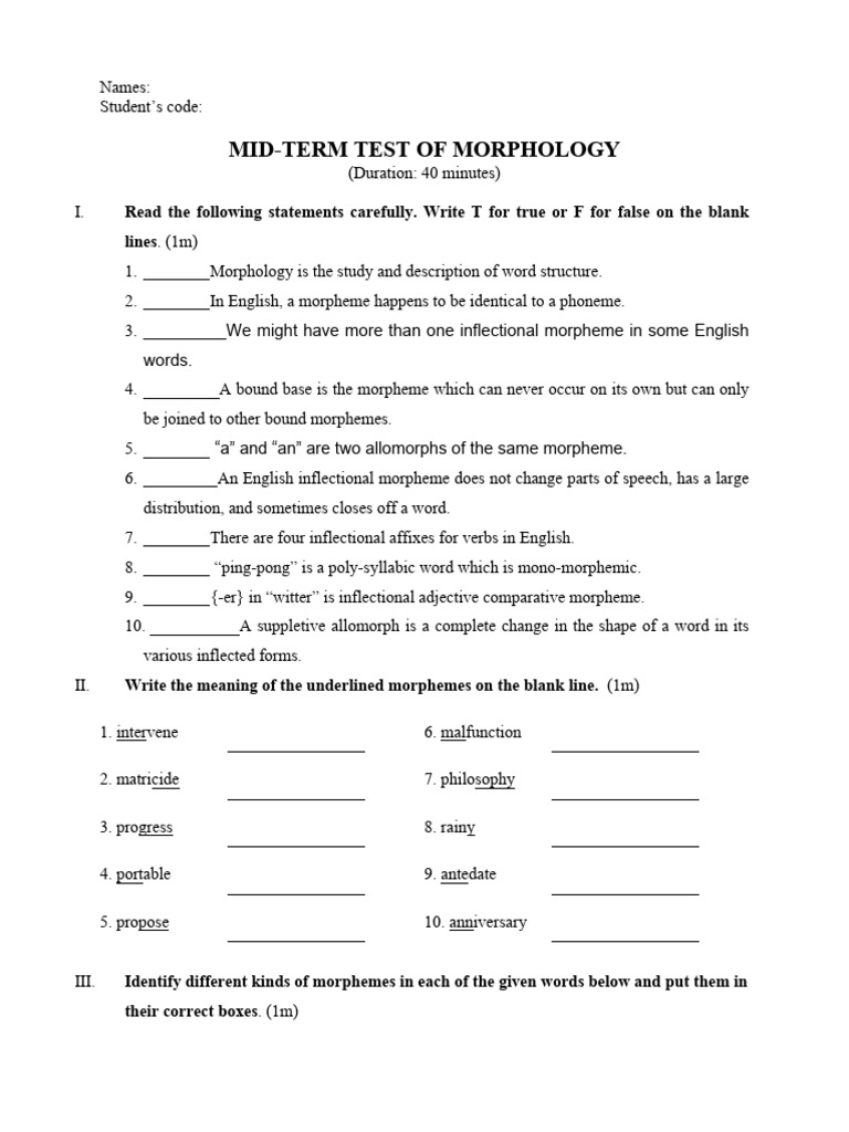 Morphology Mid-Term Test | PDF | Word | Morphology (Linguistics)
