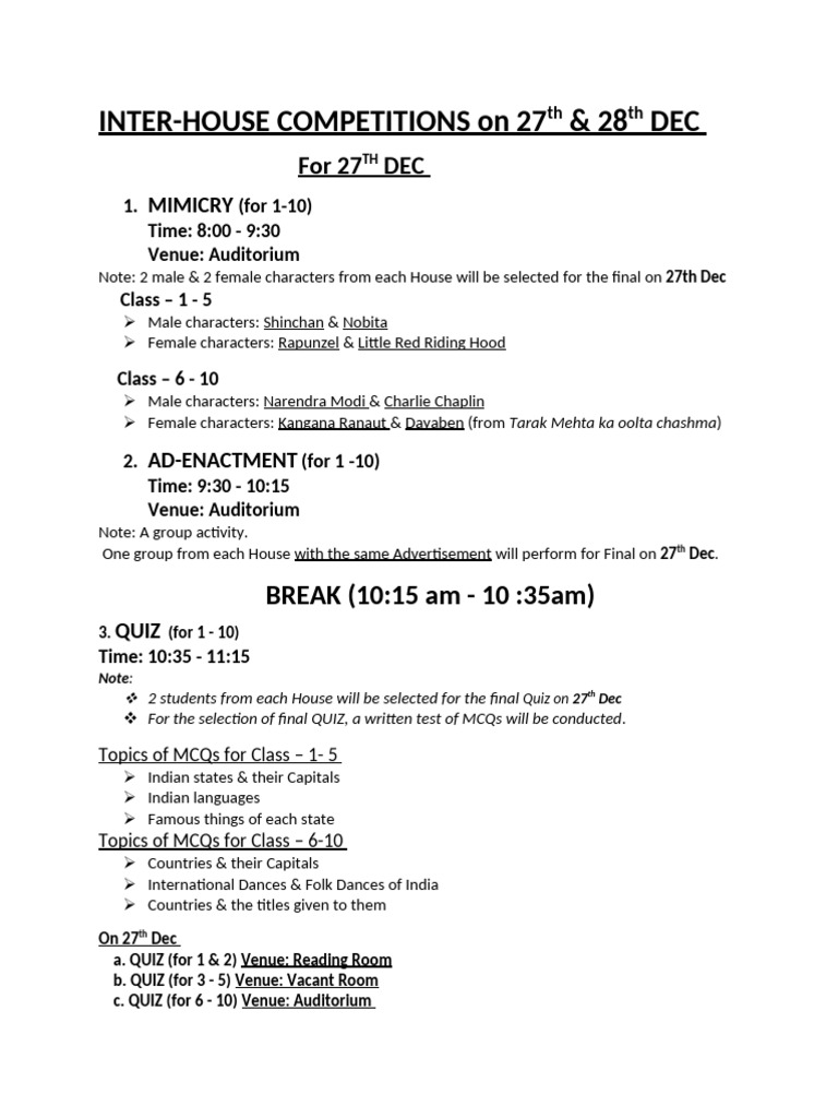 Competitions On 27th & 28th Dec | PDF