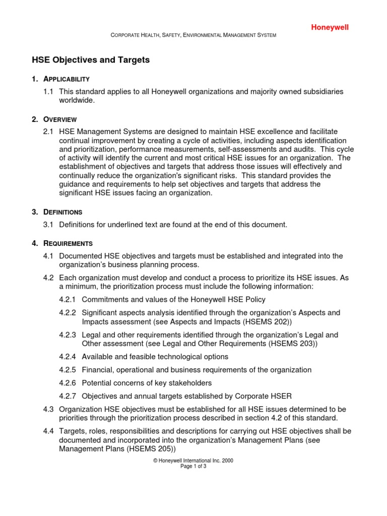 HSE Objectives-Targets Honeywell | PDF