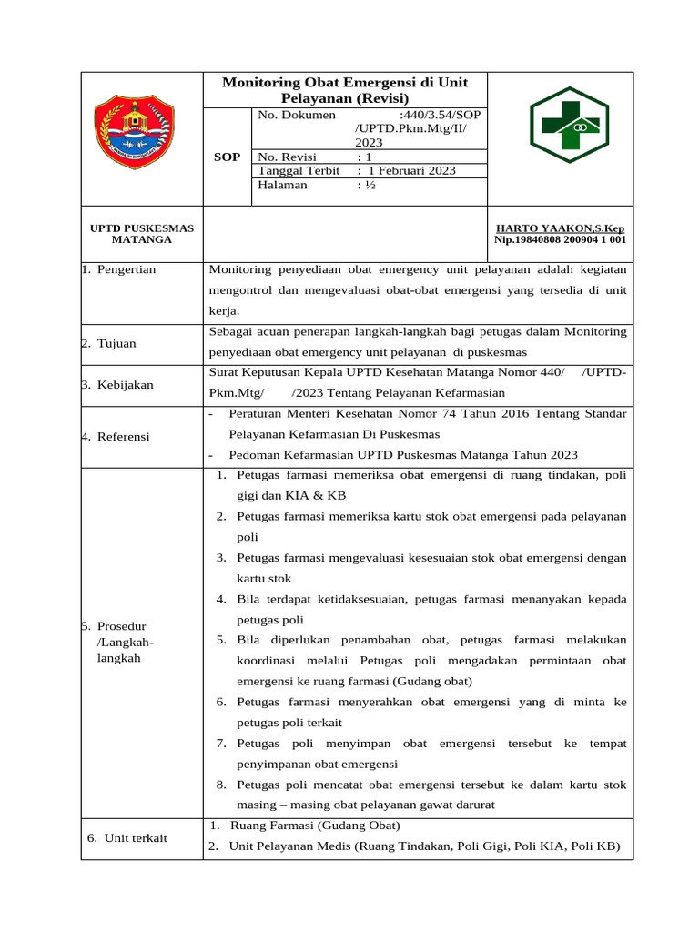 Sop Monitoring Obat Emergensi Di Unit Pelayanan | PDF