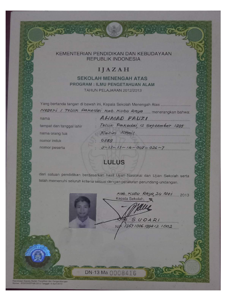Ijazah Sma Fauzi | PDF