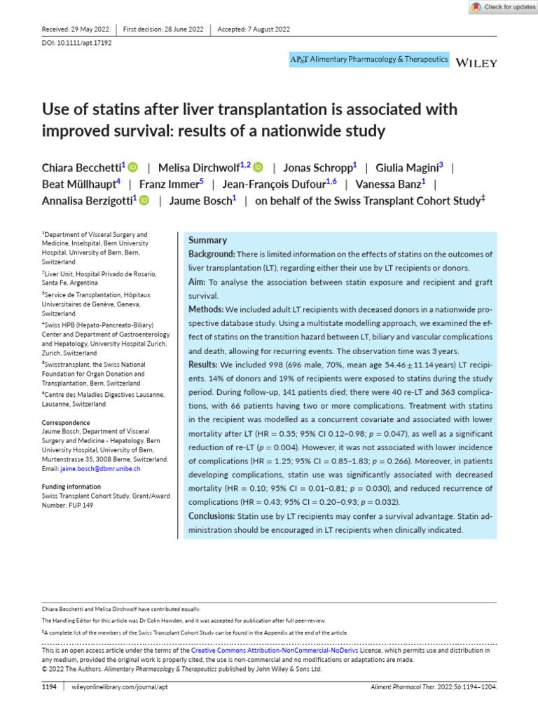 Aliment Pharmacol Ther - 2022 - Becchetti - Use of statins after liver ...