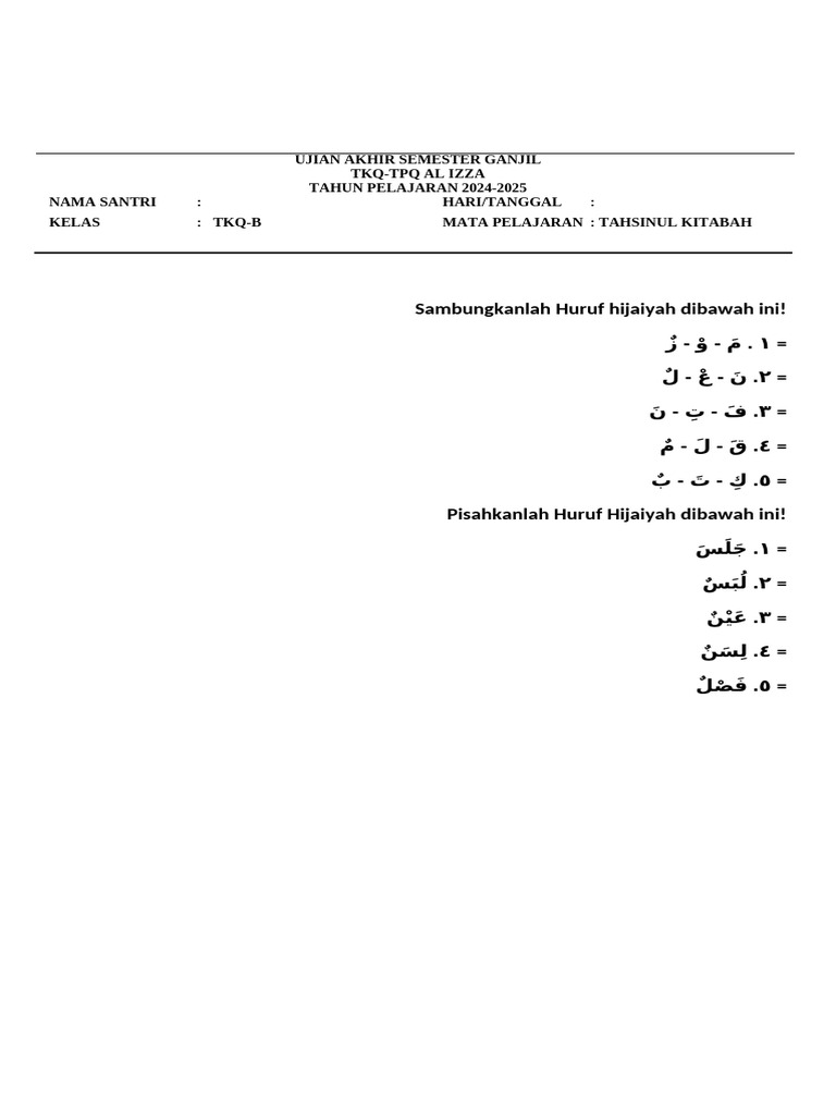 Contoh Soal Tahsinul Kitabah Kelas 1 | PDF