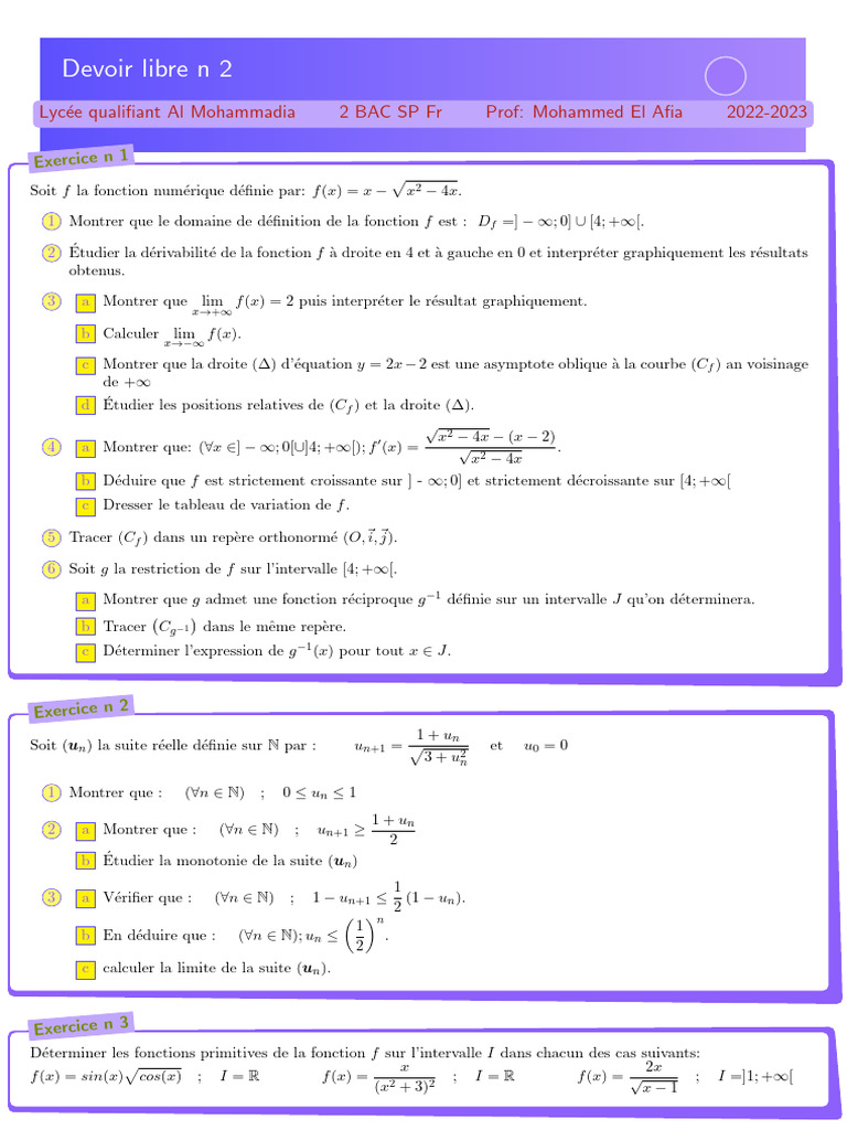 Devoir Mathématiques 2 Bac PC | PDF | Fonction (Mathématiques ...