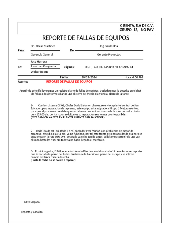 Reporte de Fallas Ref. 009 | PDF
