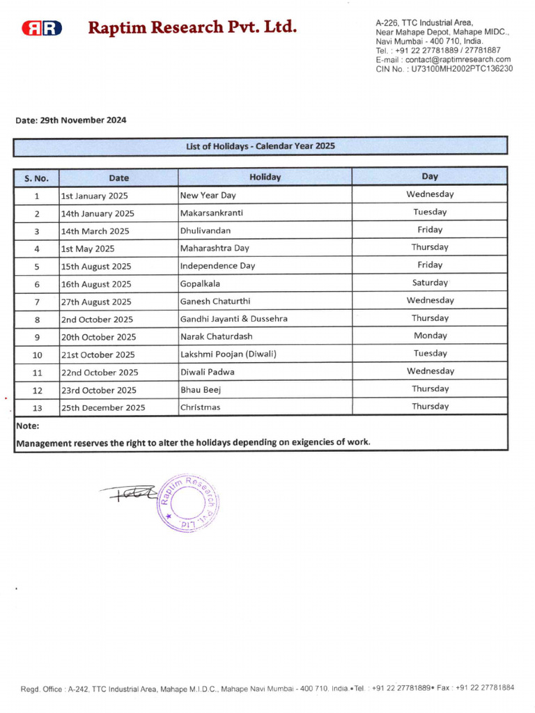 Raptim's Holiday List 2025 | PDF
