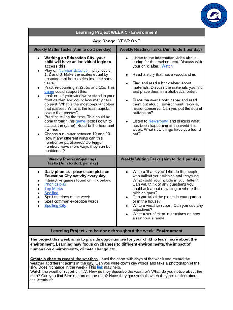 Year One Environment Learning Tasks | PDF | Recycling | Phonics
