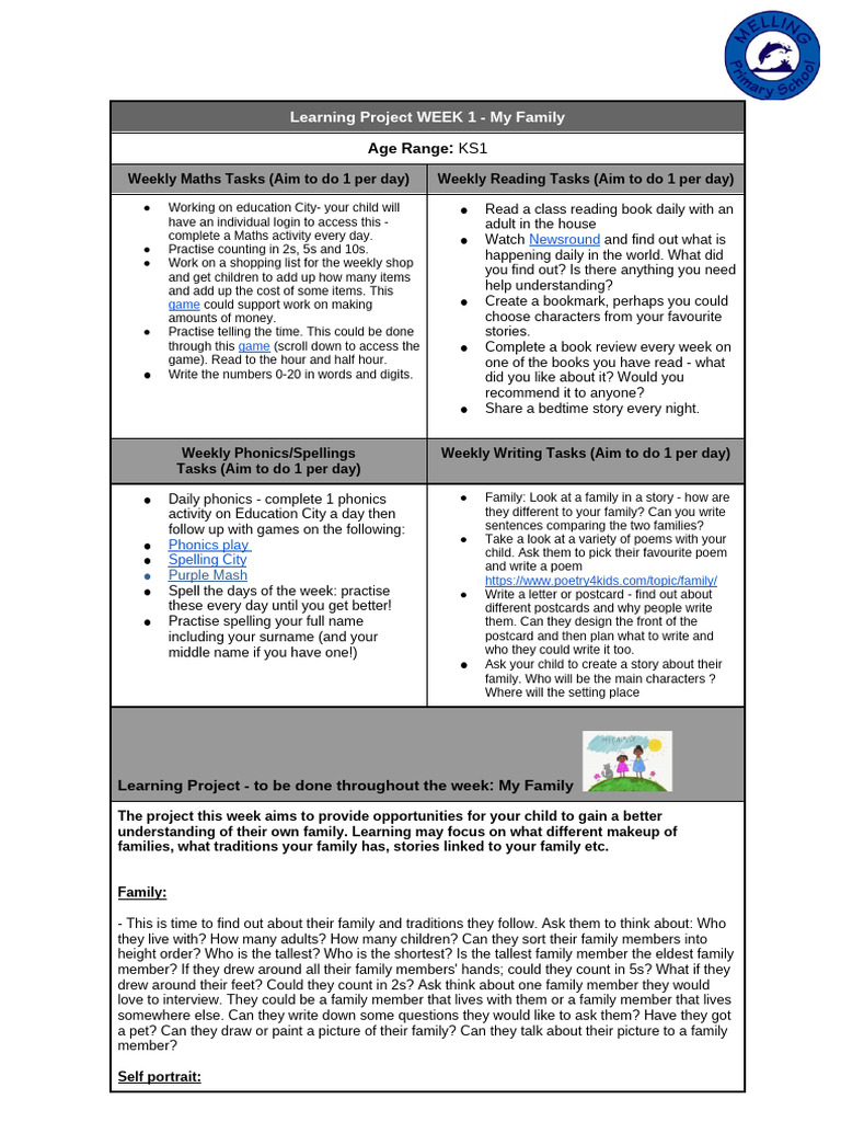 Year One Week One Home Learning | PDF