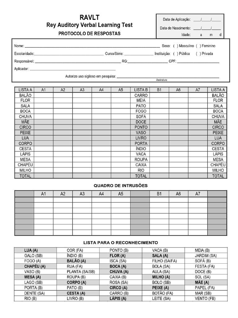 RAVLT - Protocolo - Novo | PDF
