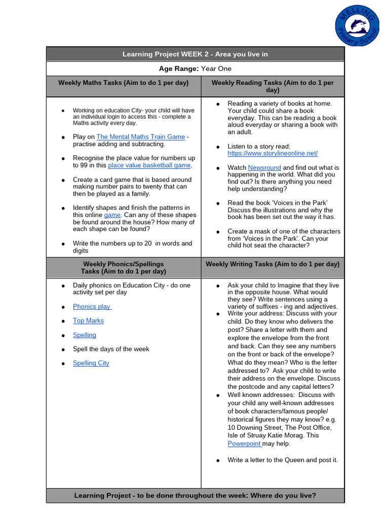 year-one-week-two-home-learning | PDF | Phonics | Learning