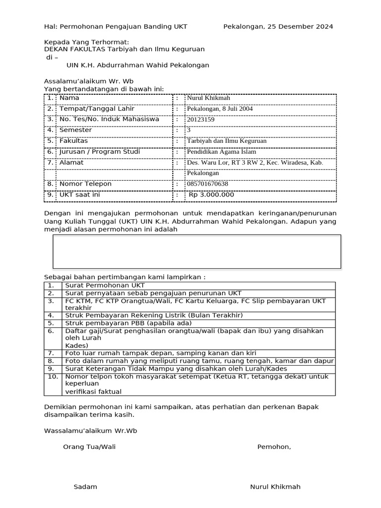 FORMULIR PENGAJUAN BANDING UKT FTIK Semester Genap 2024 | PDF