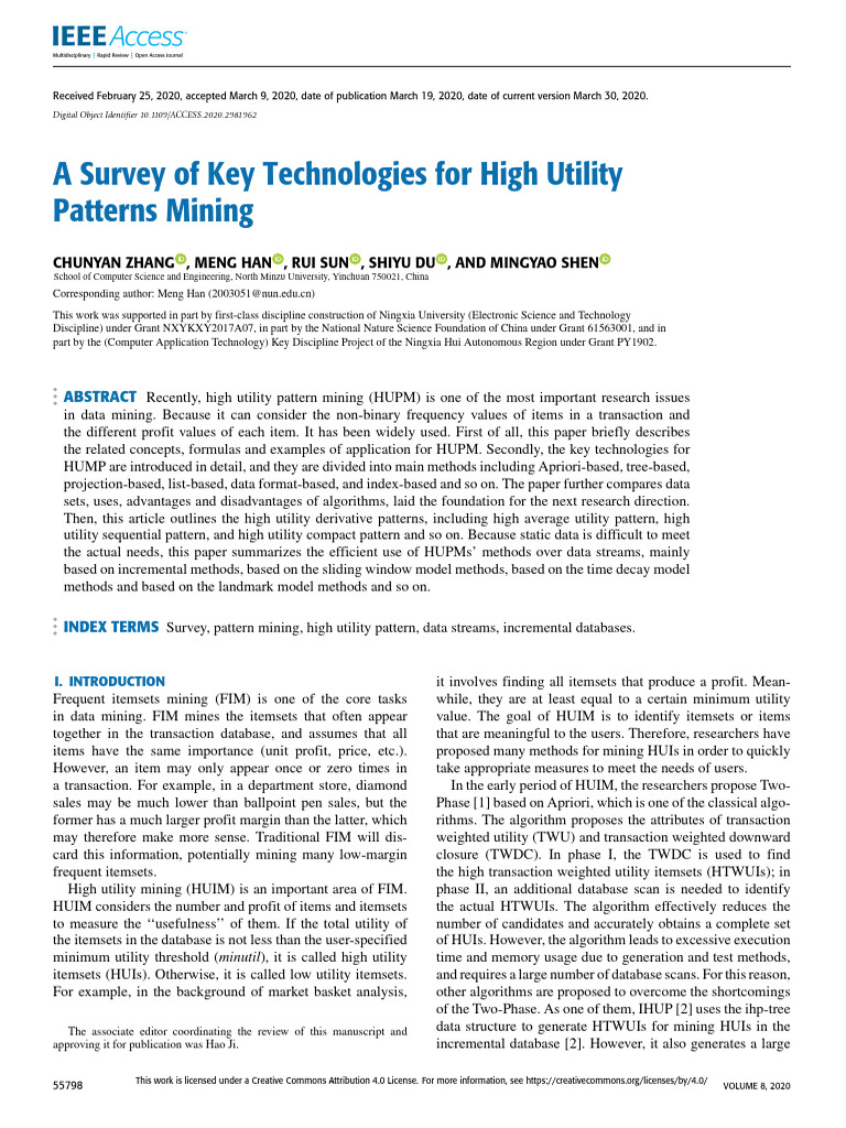 A Survey of Key Technologies For High Utility Patterns Mining | PDF | Databases | Algorithms