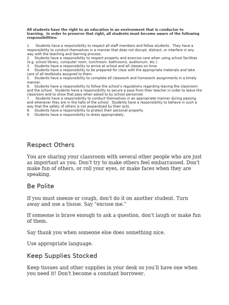 Student Responsibilities for Classroom Conduct | PDF | Classroom | Schools