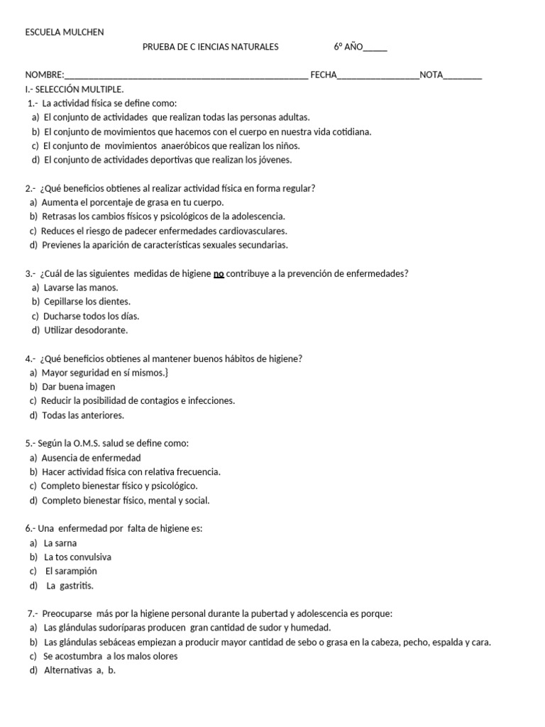 Prueba 6° Actividad Física e Higiene Drogas 2017 | PDF | Higiene | Adolescencia