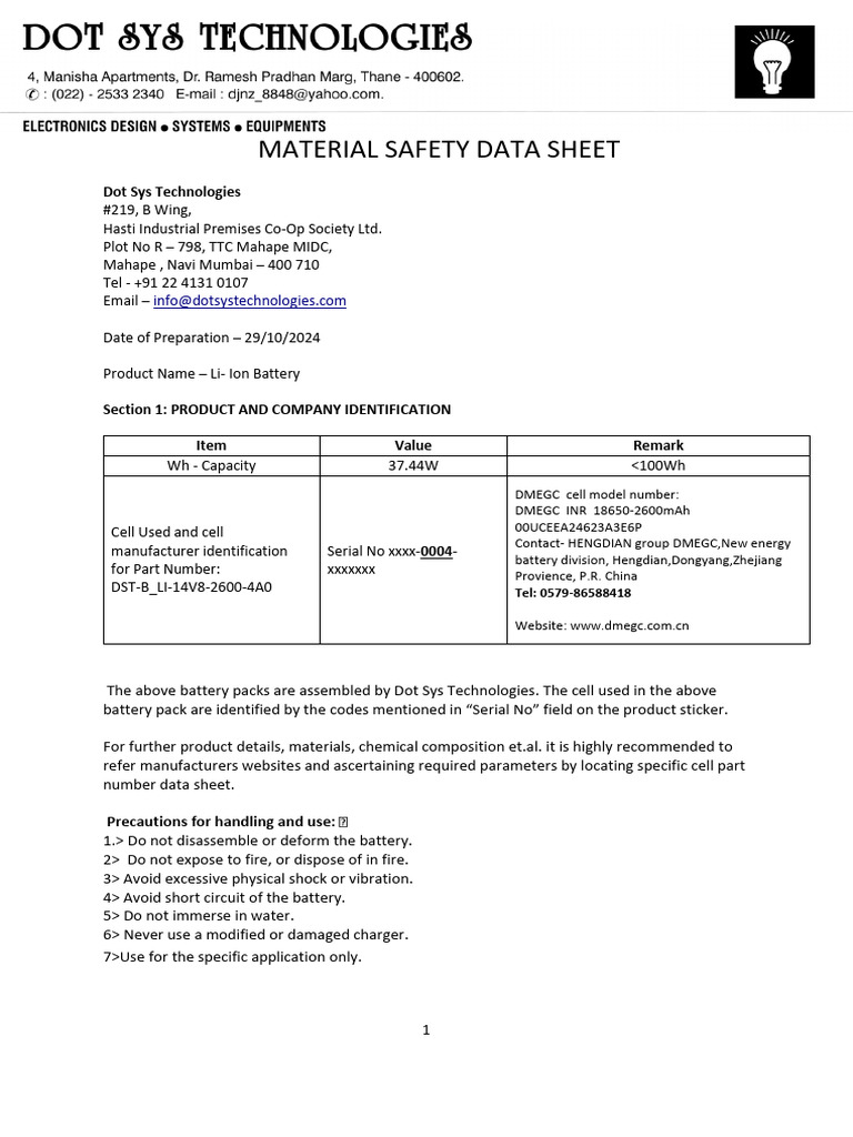 DST - MSDS - Li-Ion 2600mah | PDF | Lithium Ion Battery | Waste