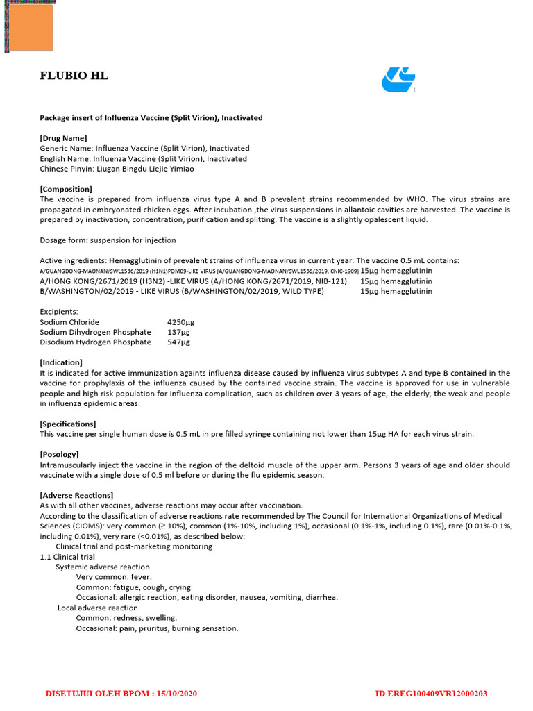 Flubio HL Suspensi Injeksi - Vaksin Influenza - DKI2055500143B1 - 2020 ...