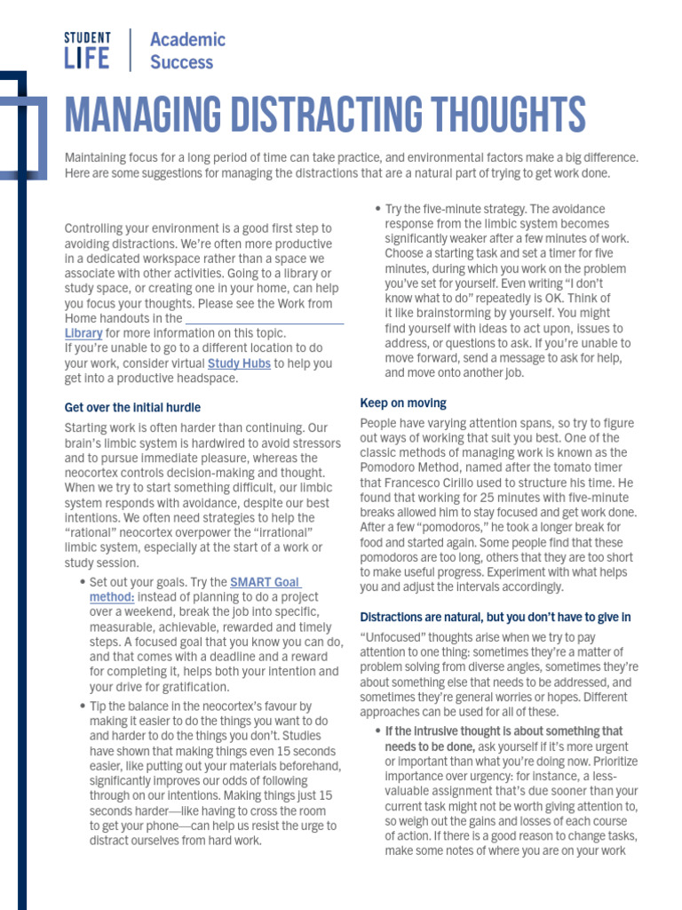 Managing Distracting Thoughts | PDF | Thought | Cognitive Psychology