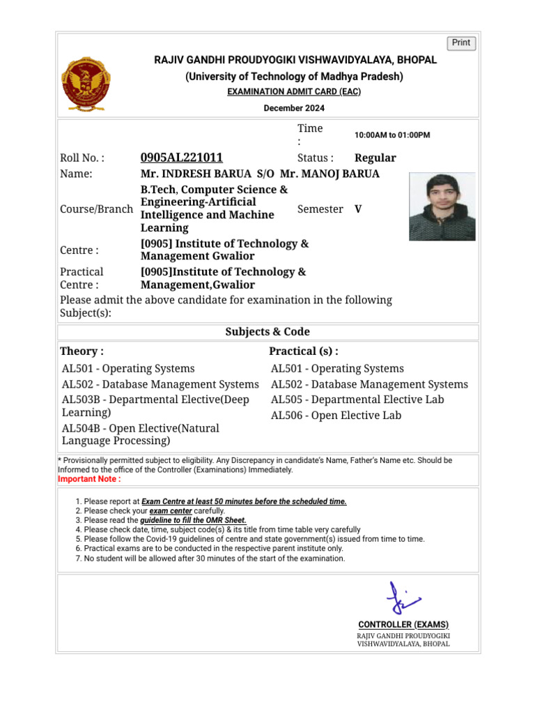 Admit Card Rgpv 5th Sen | PDF