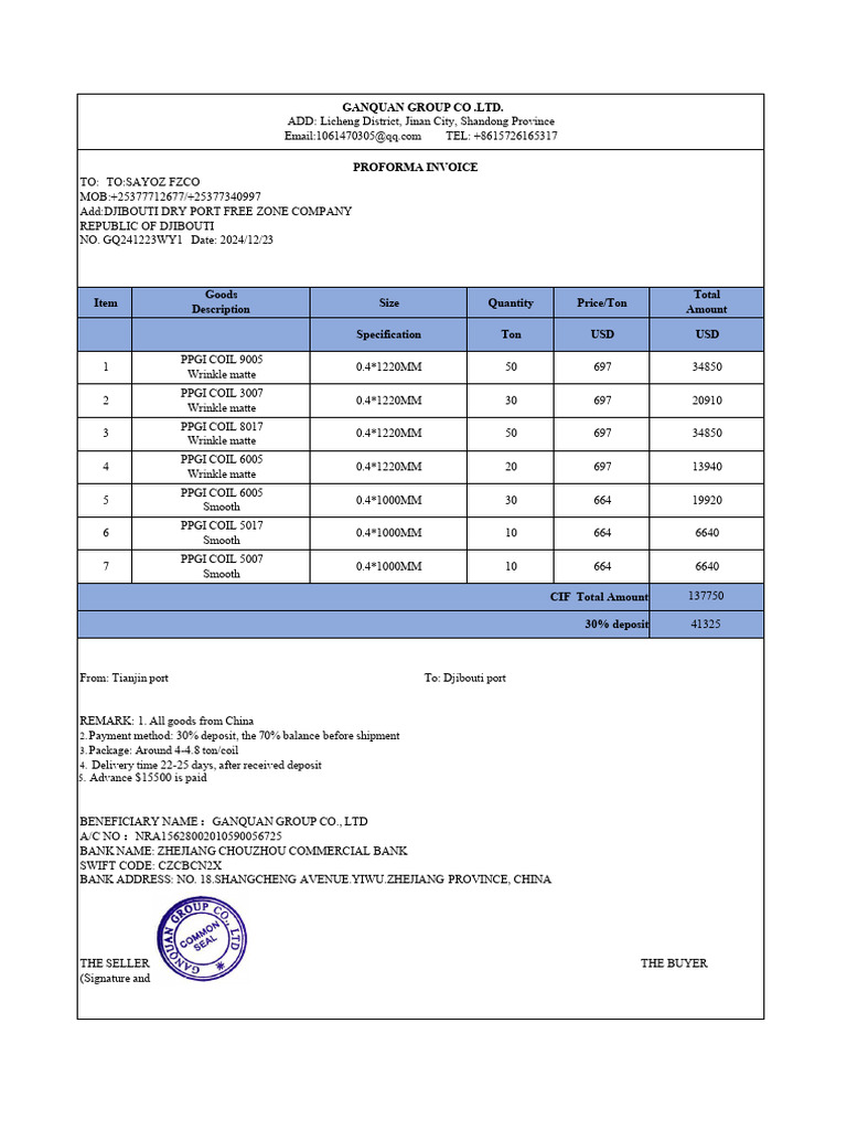 Proforma Invoice for PPGI Coils | PDF | Business