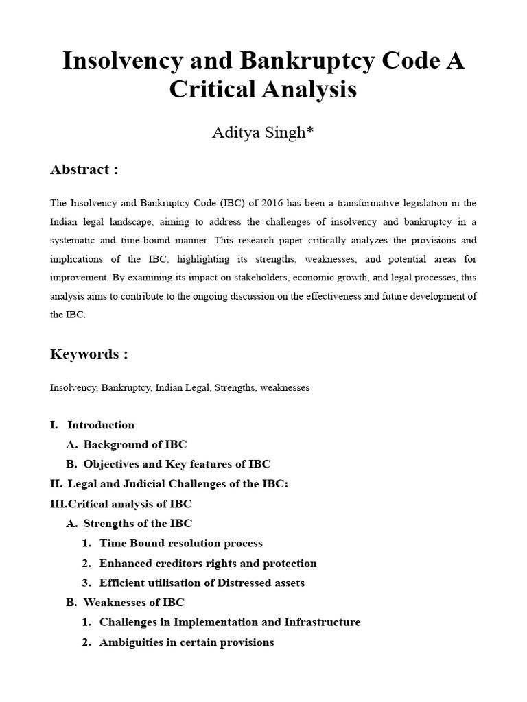Insolvency and Bankruptcy Code A Critical Analysis - by Aditya Singh ...