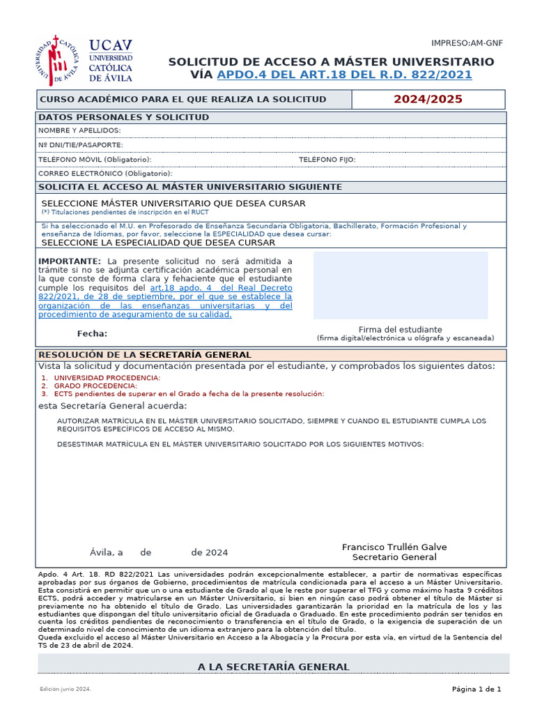 Solicitud de Acceso a Máster UCAV | PDF | Documento de identidad