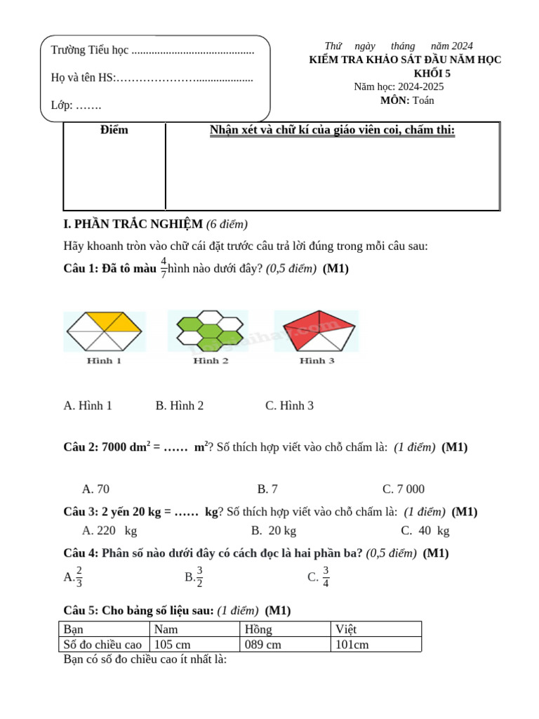 ĐỀ TOÁN KHẢO SÁT K5-kntt | PDF