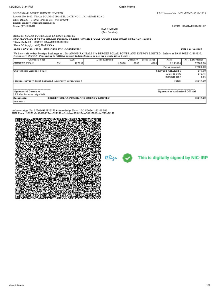 Forex Transaction Cash Memo for Bergen Solar | PDF | International ...