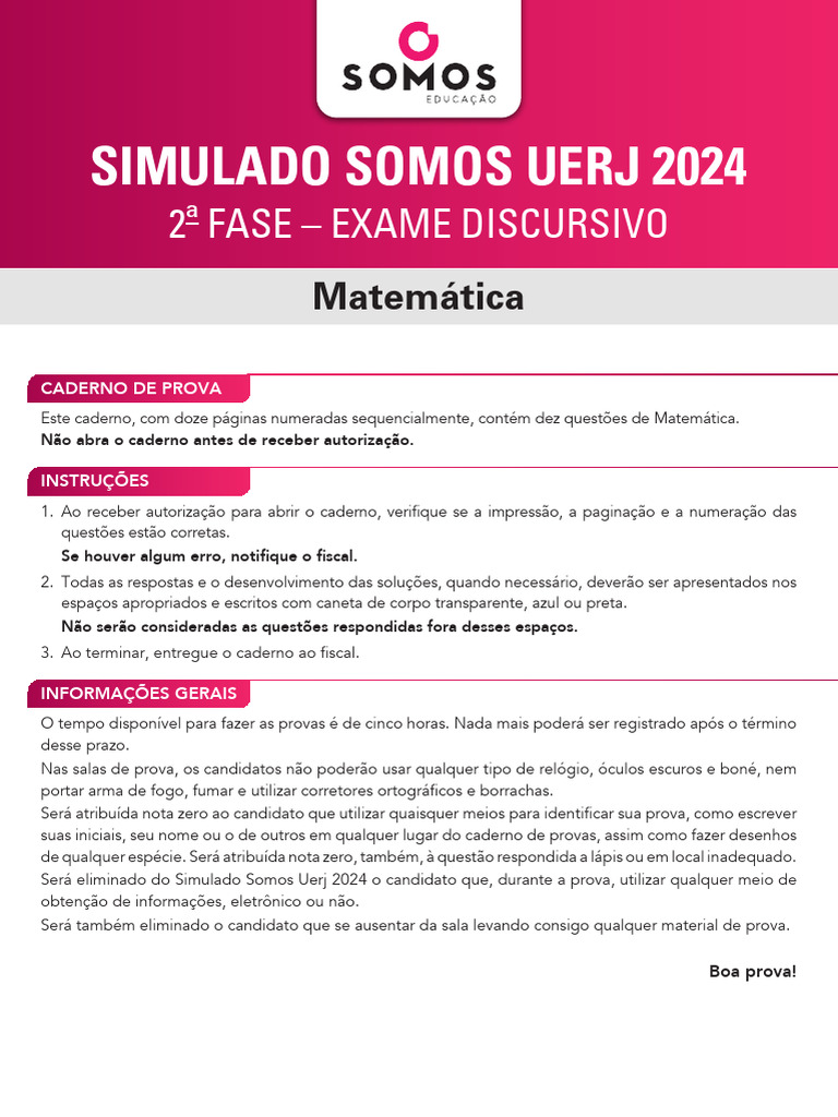 Simulado SOMOS UERJ 2024 - Exame Discursivo - MAT | PDF | Geometria | Círculo