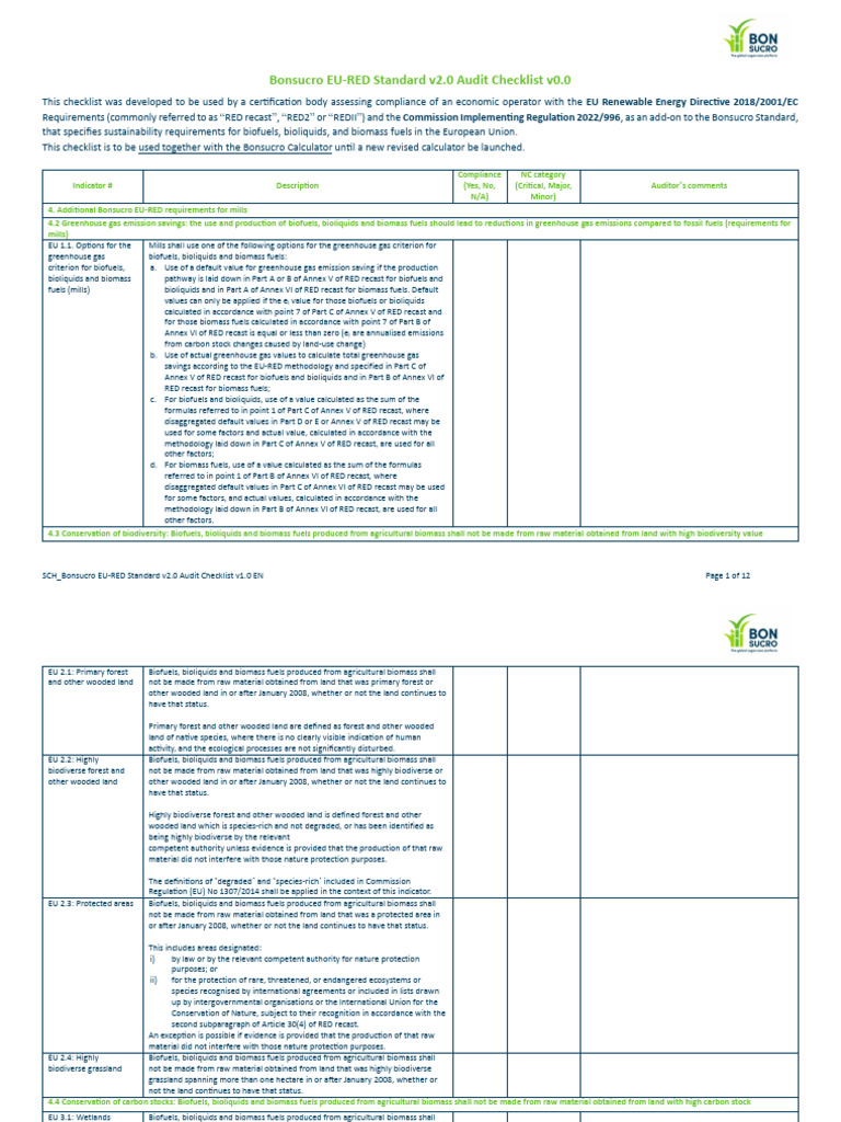 SCH - Bonsucro EU RED Standard v2.0 Audit Checklist v1.0 EN | PDF | Biofuel | Sugarcane