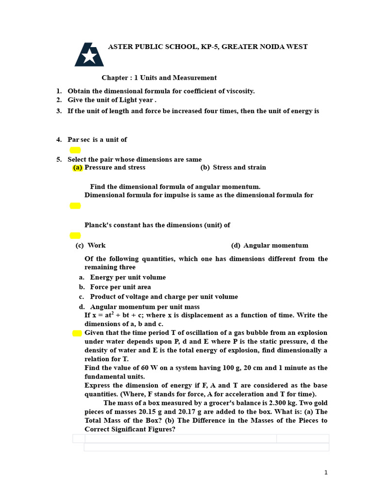 Assignment Of Unit And Dimension Pdf Force Momentum